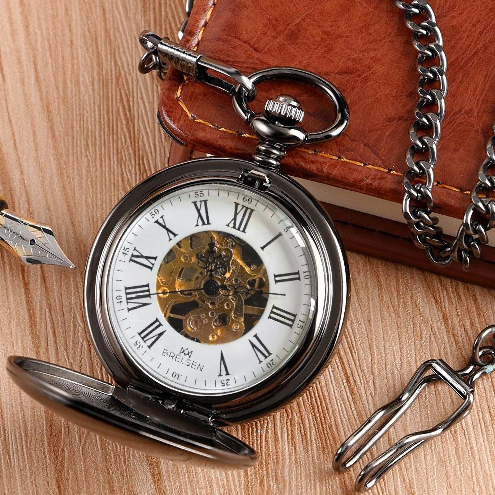 Onyx Black Double Hunter Mechanical Pocket Watch - Handmade Pocket ...