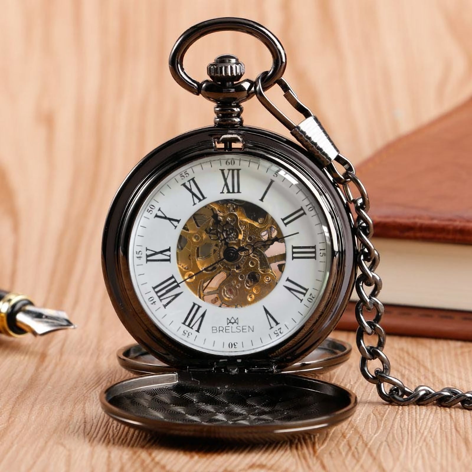 Onyx Black Double Hunter Mechanical Pocket Watch - Handmade Pocket ...